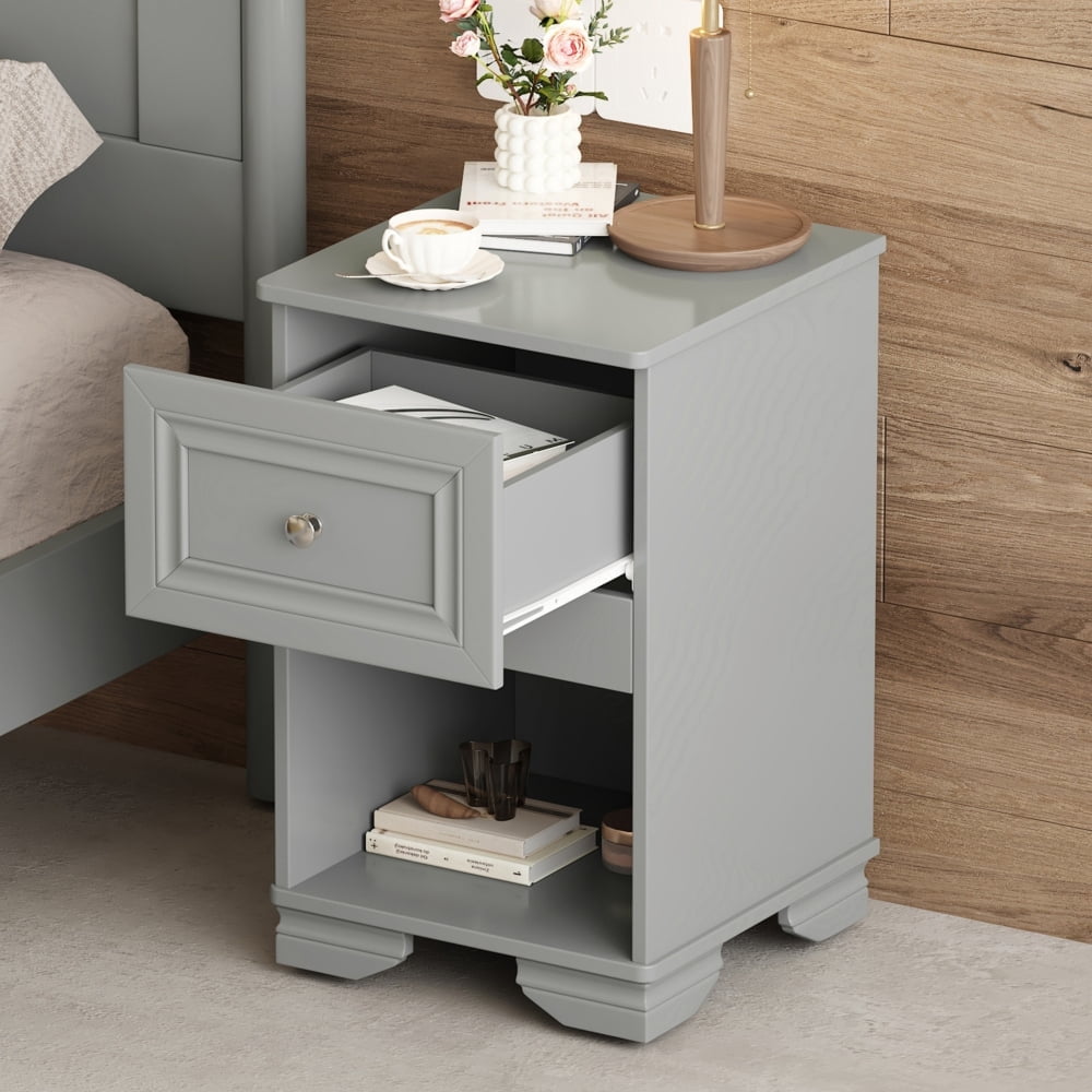 Gzxs Modern Storage Bedside Table with Drawer and Open Shelf, Space ...
