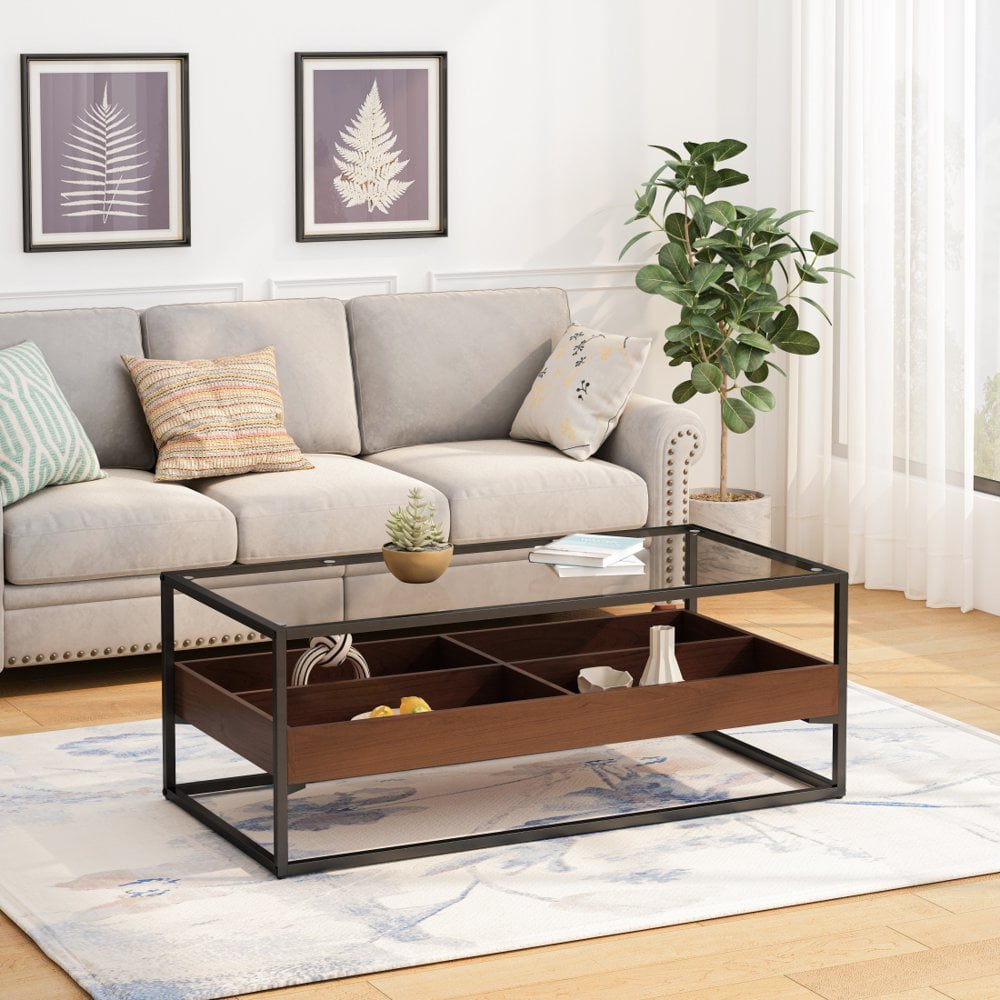 Gzxs Modern Tempered Glass Coffee Table, 2-Tier Coffee Table with 4 ...