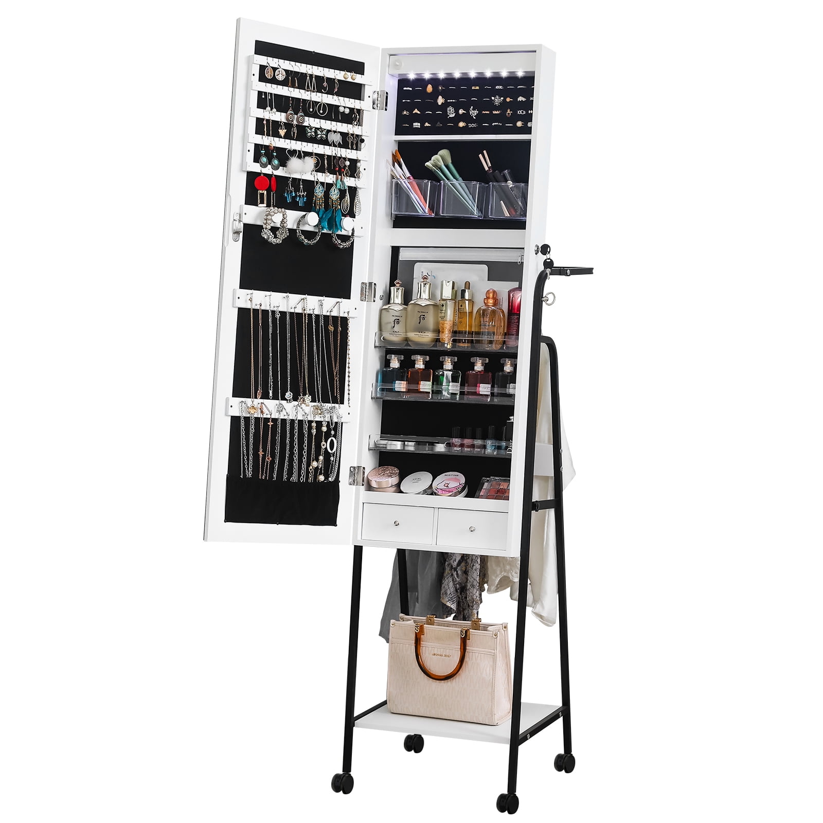 Gzxs Moveable Jewelry Cabinet with Full-Screen Mirror, Lockable Jewelry ...