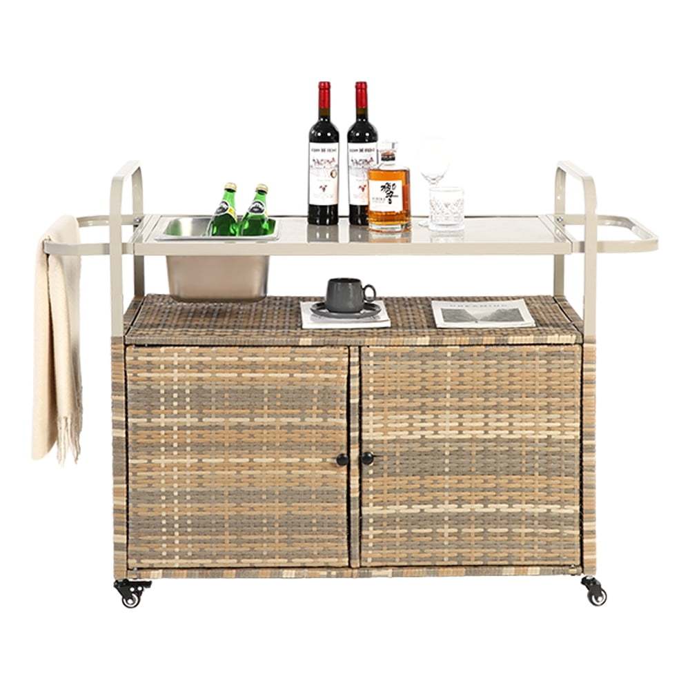Gzxs Outdoor Wicker Bar Cart with Ice Bucket Steel Top and Lockable ...