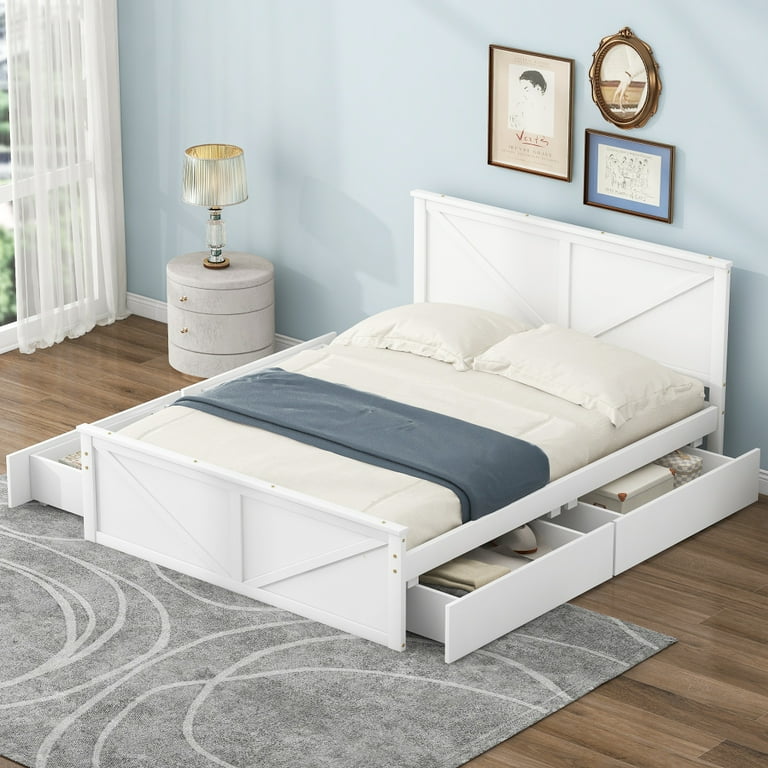 Gzxs Queen Bed in White Queen Size Platform Bed with 4 Storage Drawers Wooden Slats Support