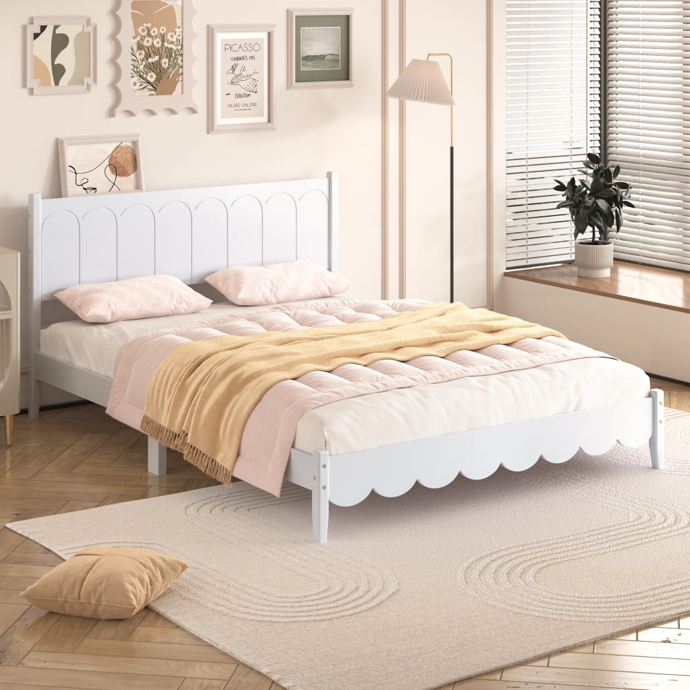 Gzxs Queen Size Platform Bed, Modern White Bed Frame with Wood Slats ...