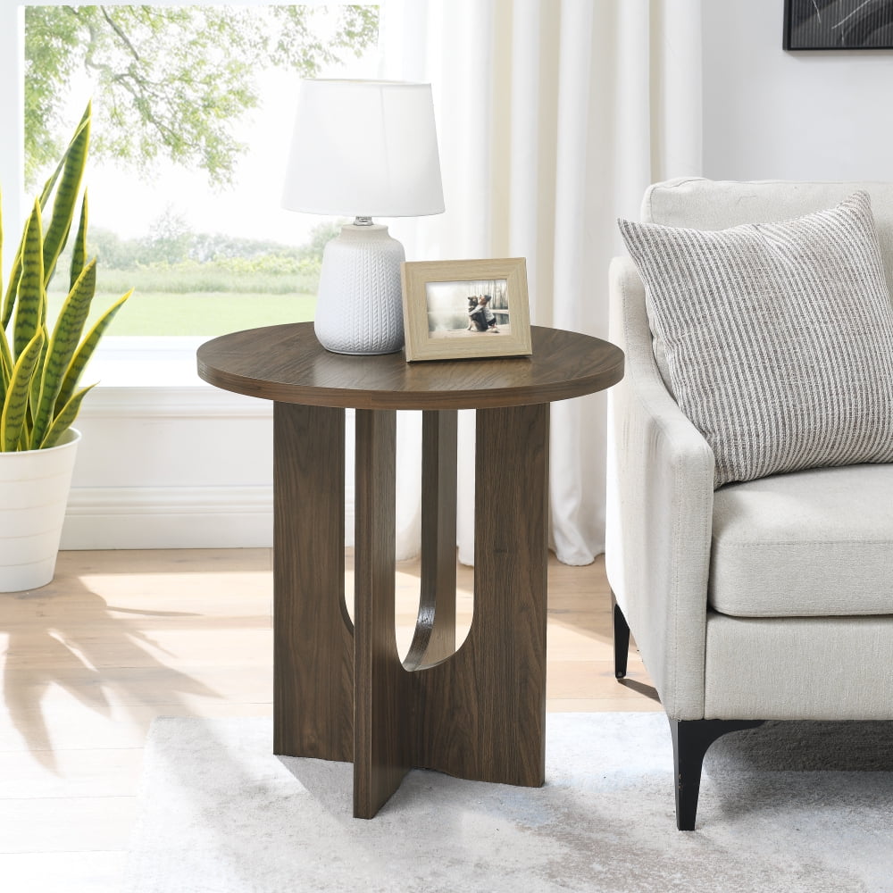 Gzxs Round Accent End Table, Rustic Small Sofa Side Table in Walnut for ...