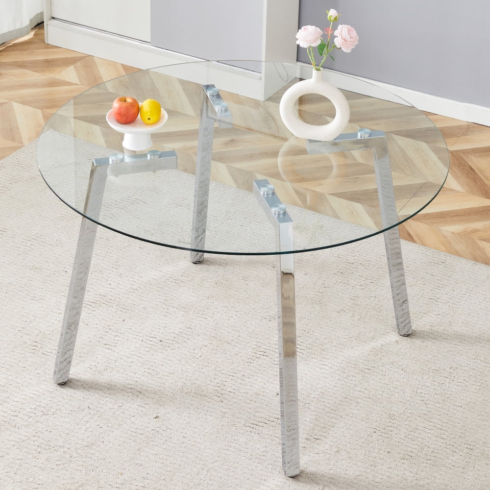 Gzxs Round Dining Table with Clear Tempered Glass Top and Gold Metal ...