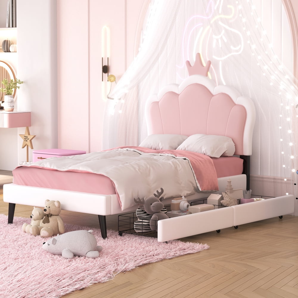 Gzxs Twin Size Upholstered Princess Bed With Crown Headboard, PU ...