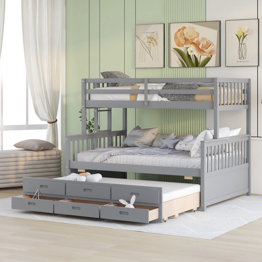 Gzxs Twin over Full Size Wood Bunk Bed with Twin Trundle Bed and 3 Drawers for Bedroom, Gray ...