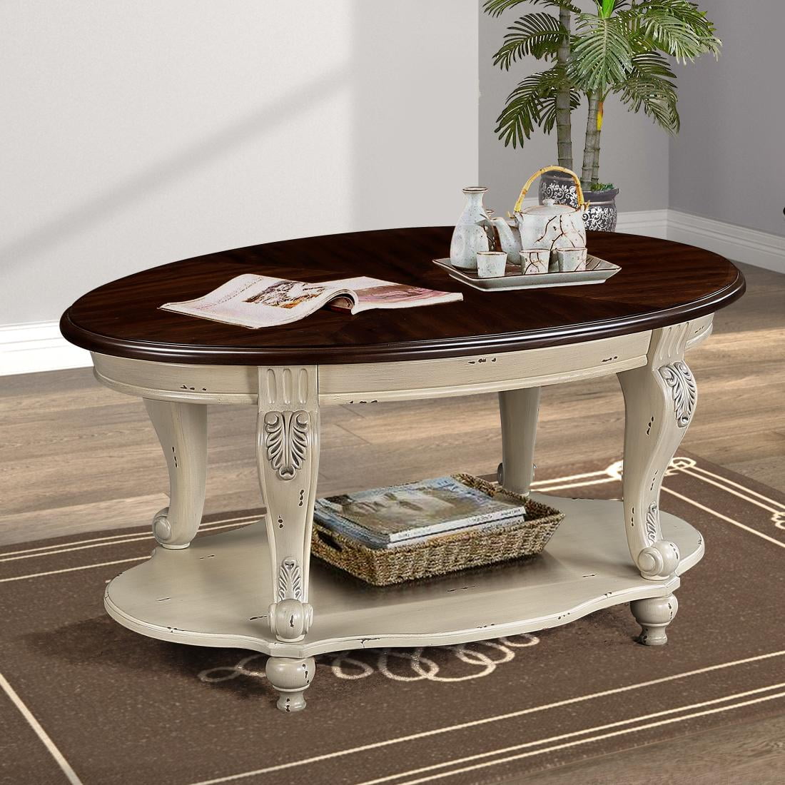 Gzxs Vintage Oval Coffee Table, Living Room 2-Tier Center Tea Table ...