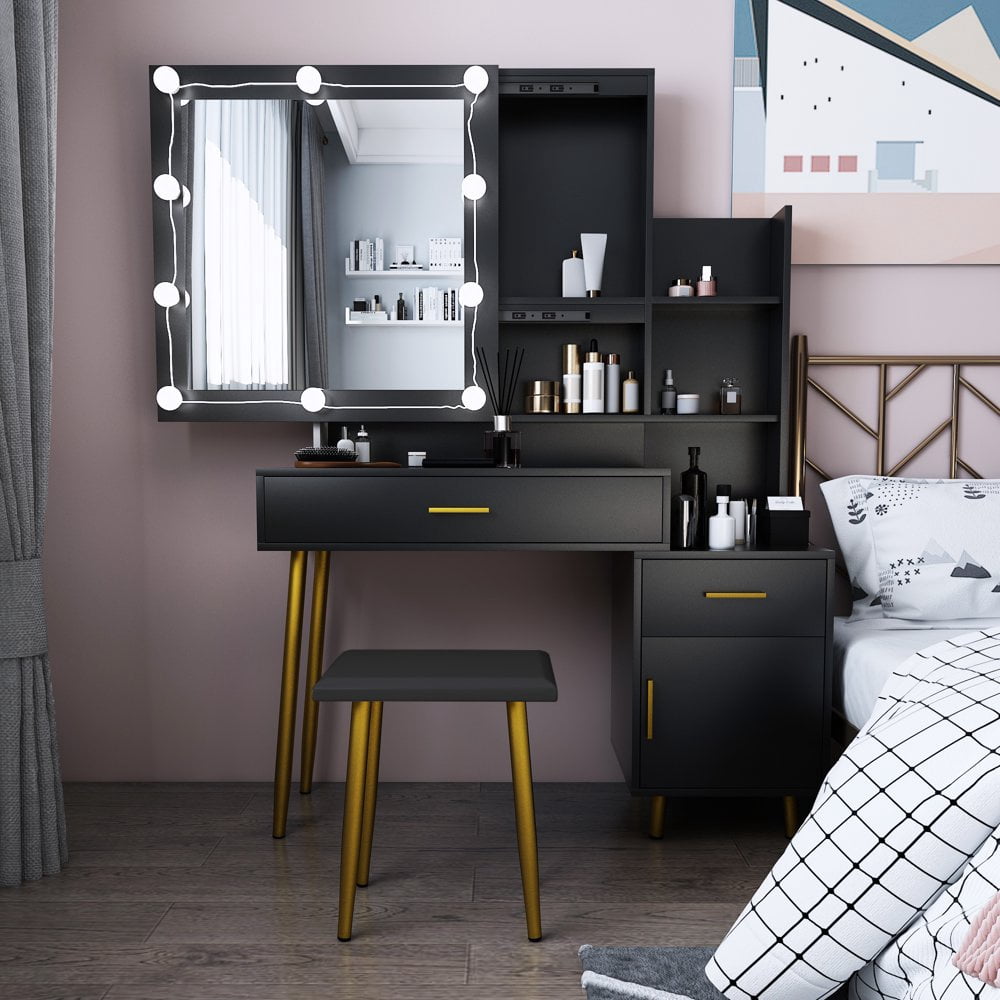 Gzxs Vintage Vanity Table with Sliding Lighted Mirror, Modern Makeup ...