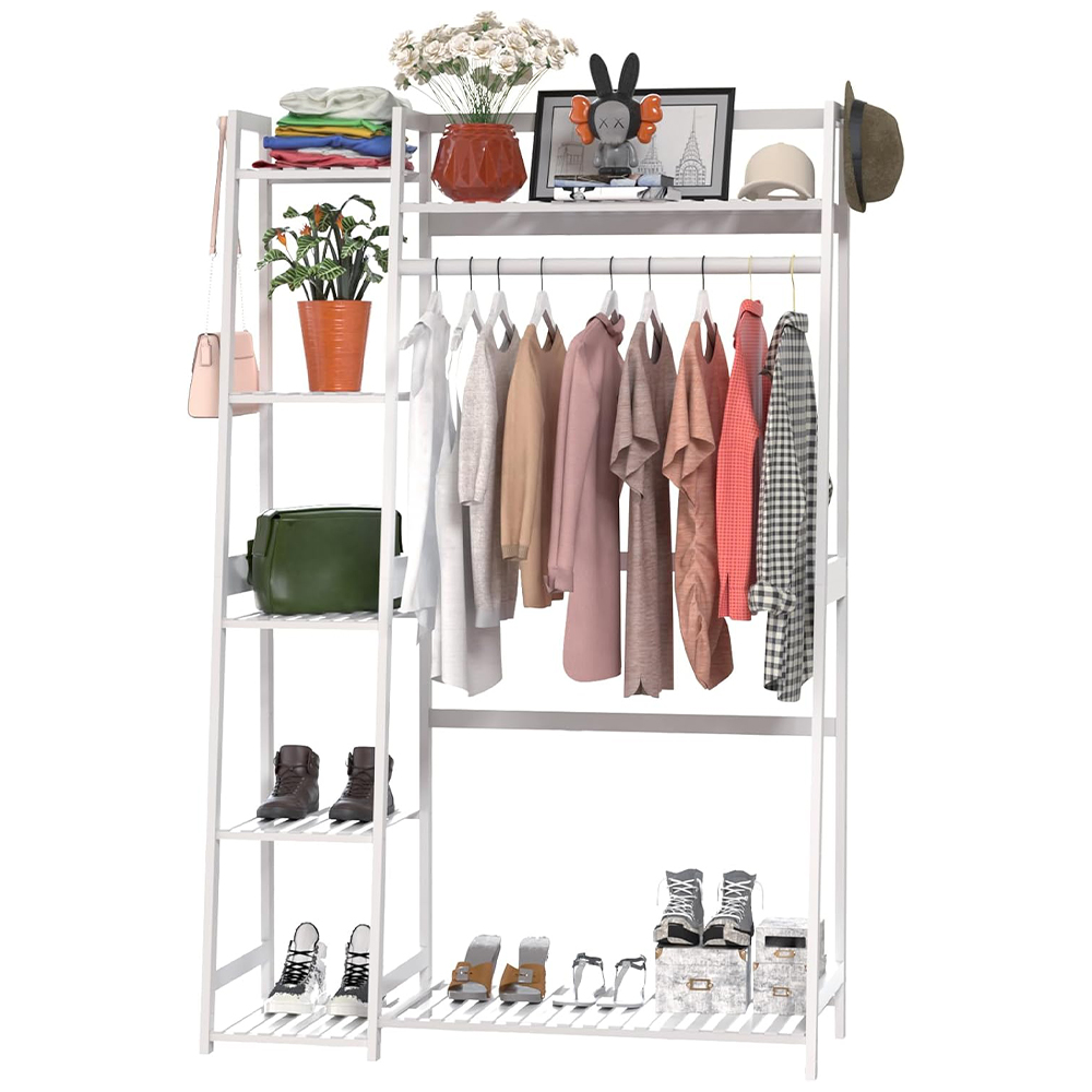 Gzxs White Garment Rack with 5-Tiers Side Storage Shelves, 59"H Bamboo ...