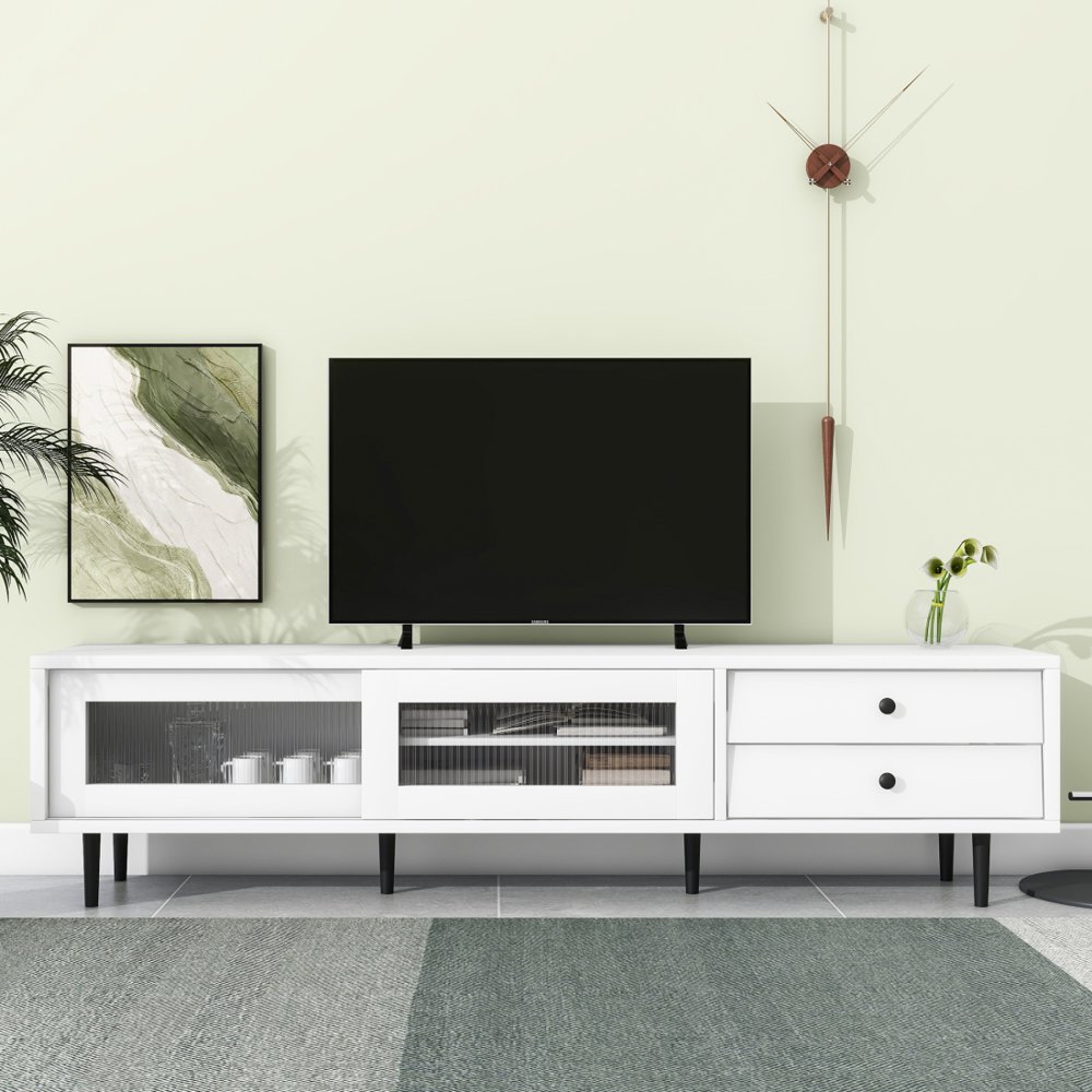 Gzxs White Modern Simple TV Stand with Sliding Fluted Glass Doors and 2 ...