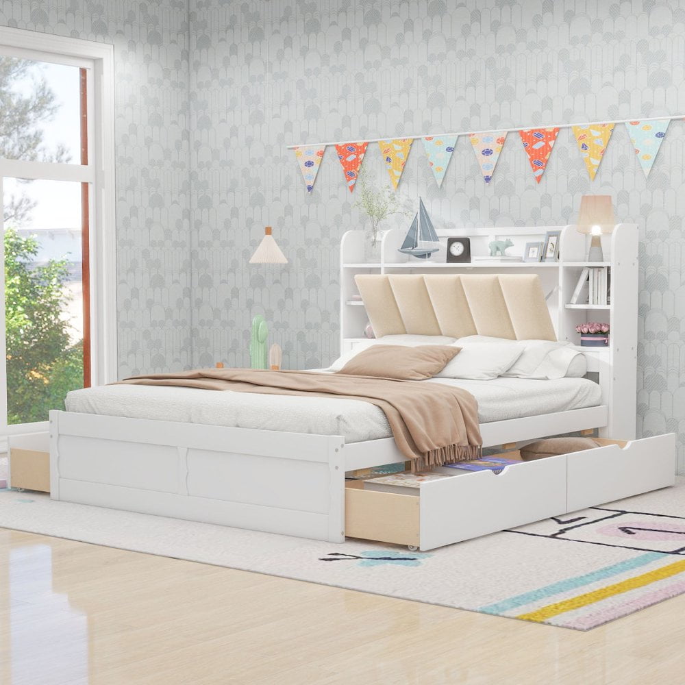 Gzxs White Wood Platform Bed Queen Size Bed Frame with Storage ...