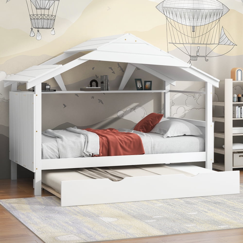 Gzxs Wooden House Bed, Twin Size Platform Bed Frame with Trundle and ...