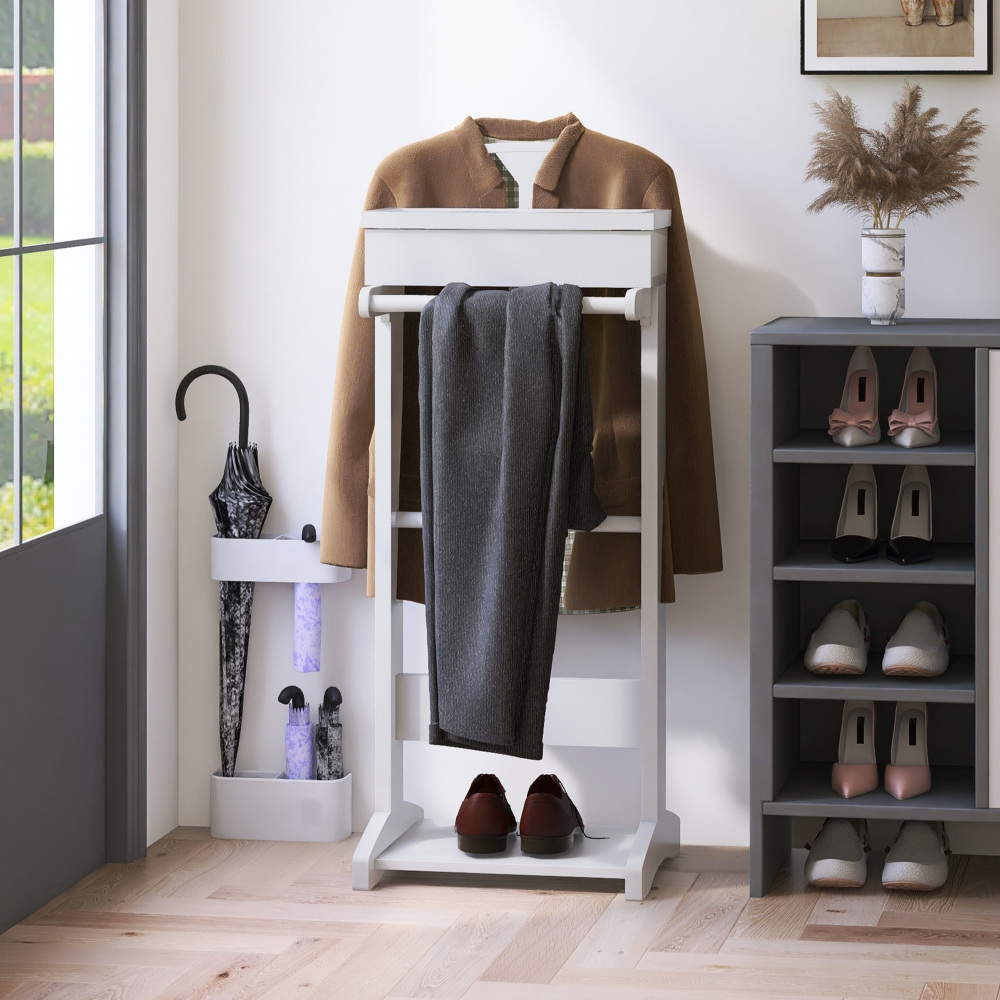 Gzxs Wooden Valet Stand Clothes with Shoe Shelf, Free Standing Coat ...