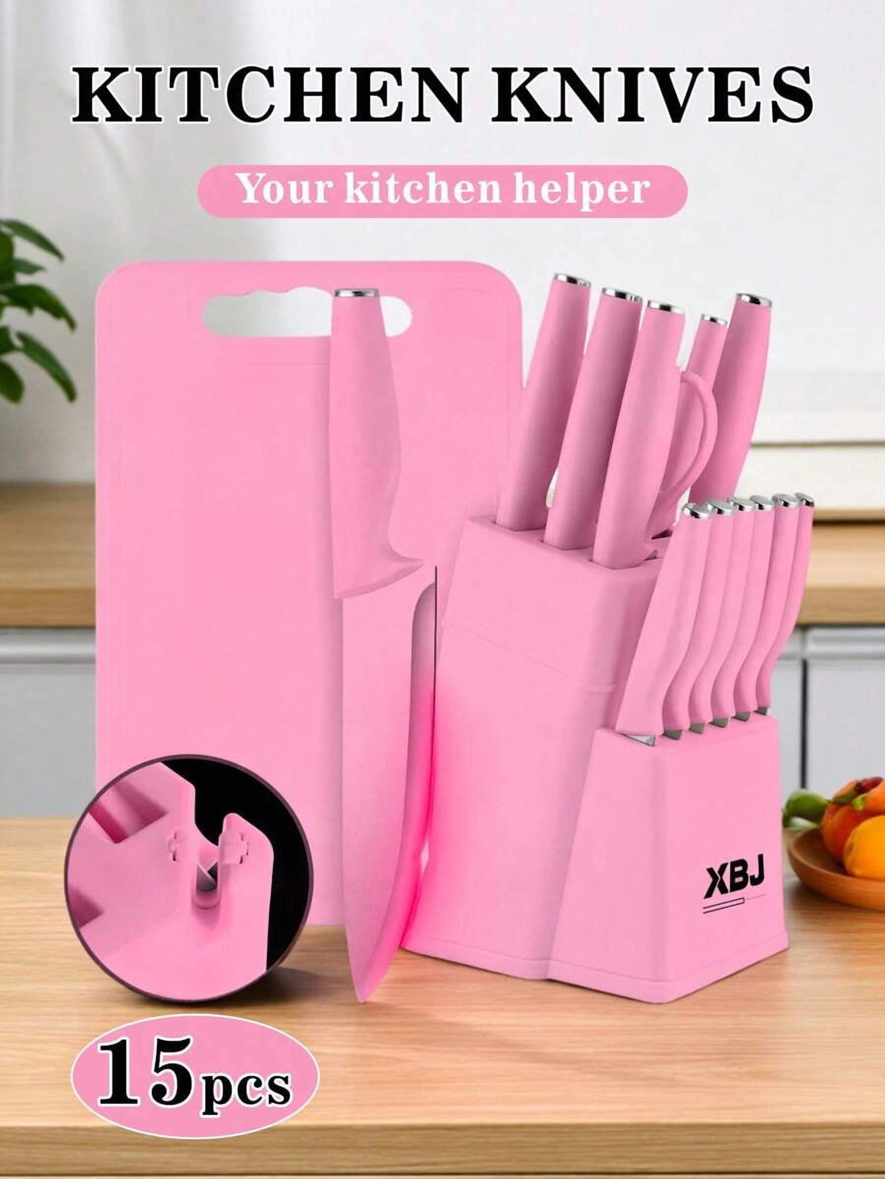 (H) 15-Piece Stainless Steel Knife Set with Wood Block. Includes Slicer ...