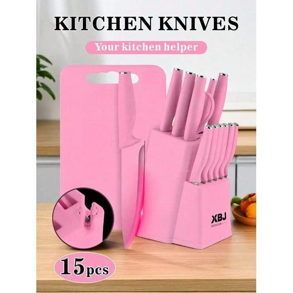 (H) 15-Piece Stainless Steel Knife Set with Wood Block. Includes Slicer ...