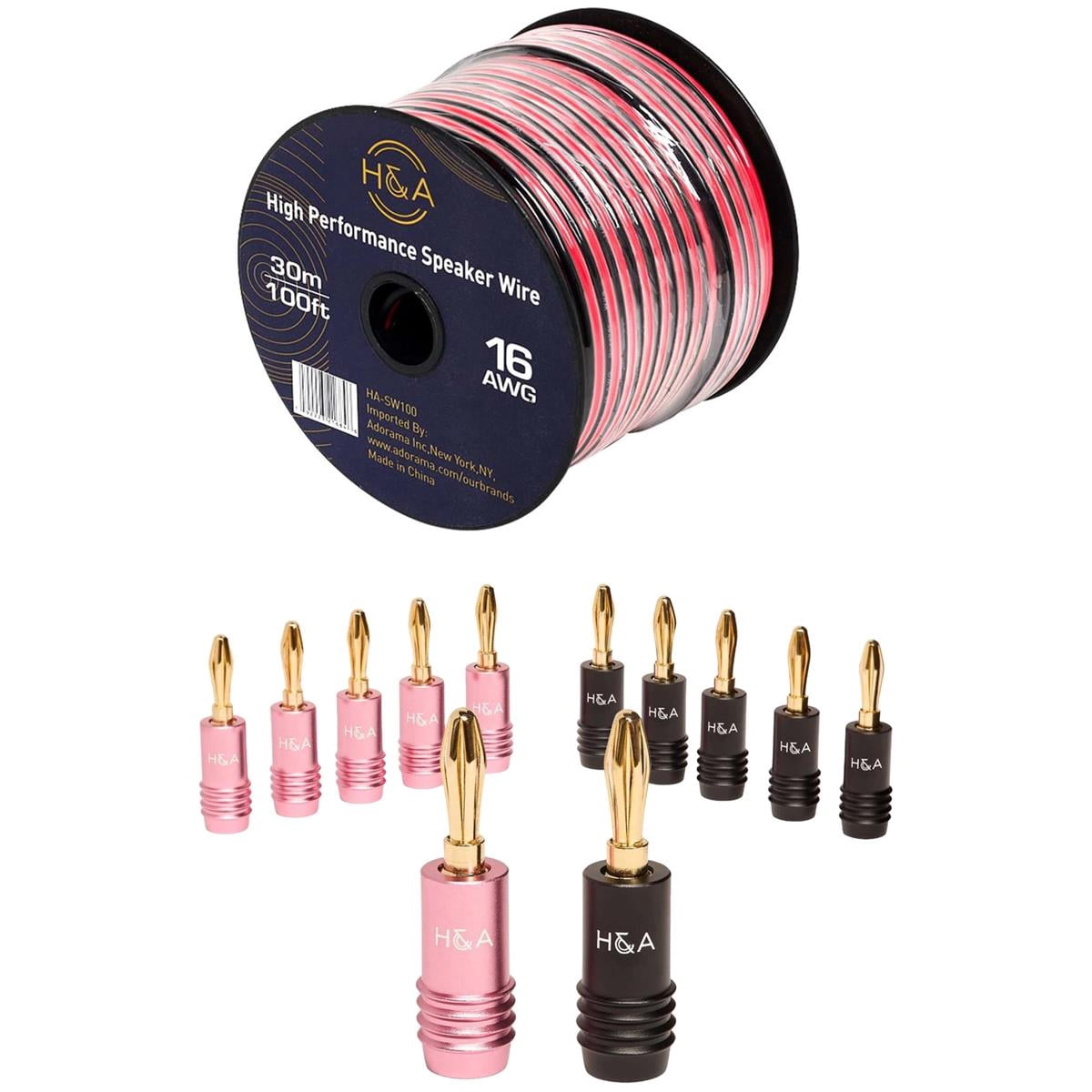 H&A 16 AWG Speaker Wire Cable (100' Spool) Bundle H&A Speaker Connector ...