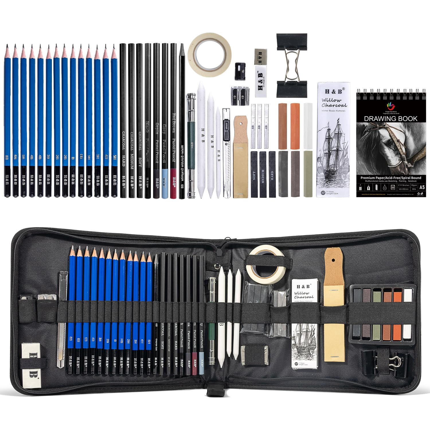 H & B 50 Pack Drawing Set Sketching Kit, Pro Art Supplies with 3-Color ...