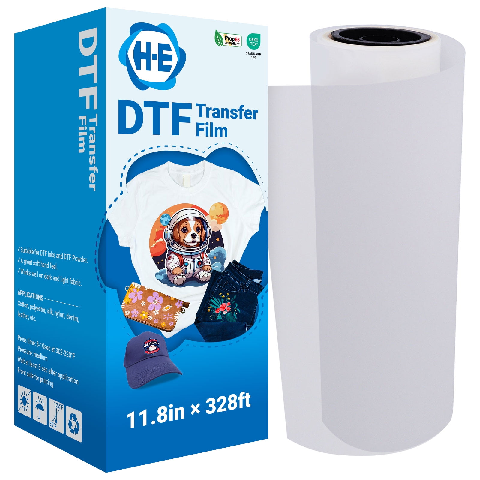 H-E 11.8" x 328Ft DTF Transfer Film Roll Single Sided Hot Peel for Dark ...