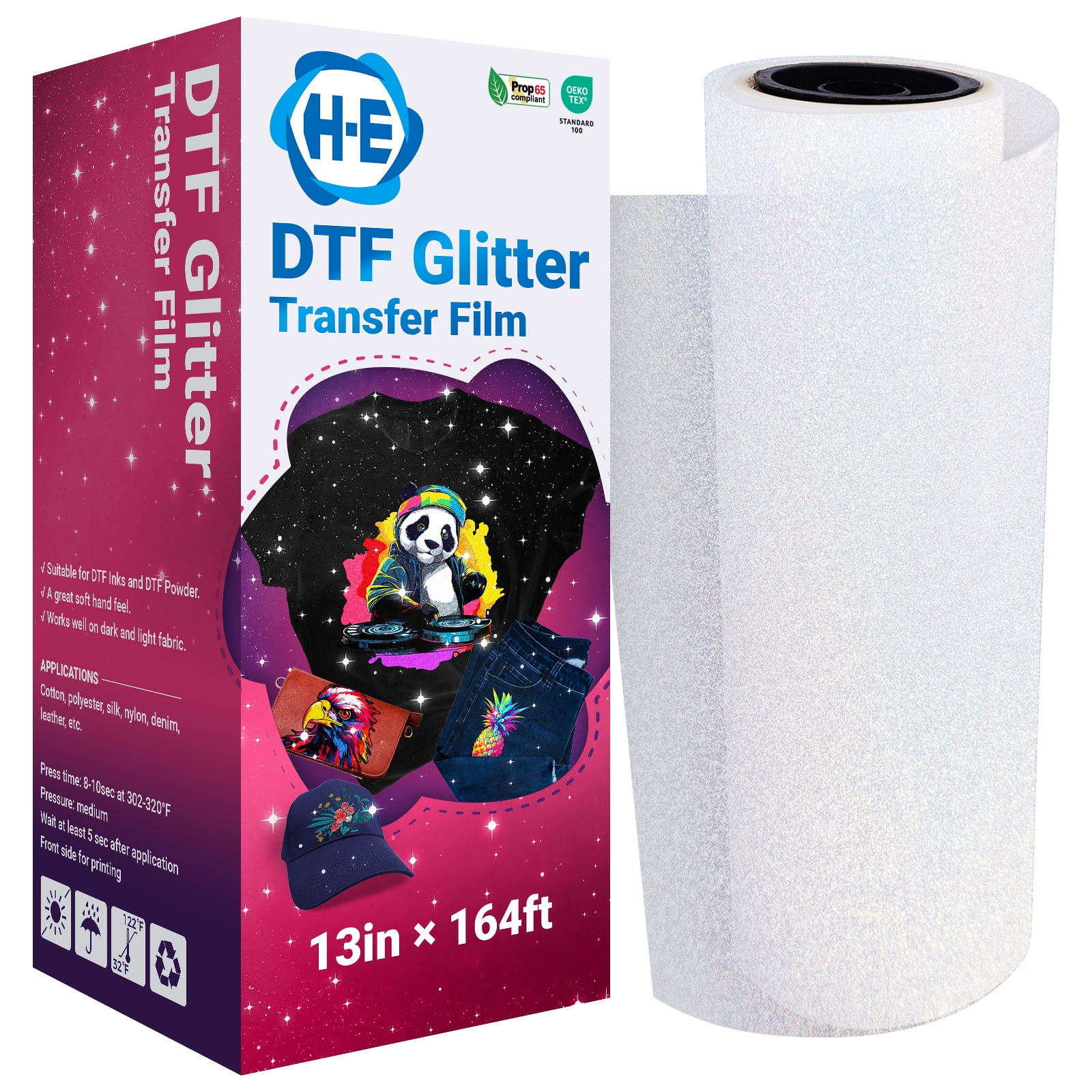 H-E 13" x 164ft DTF Glitter Transfer Film Roll Cold Peel for Dark and ...