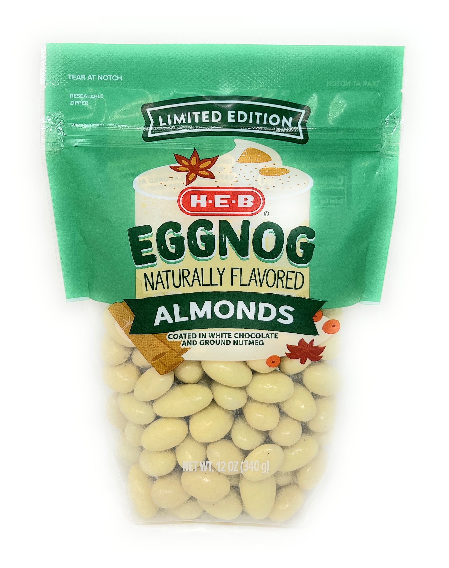 H-E-B Crunchy Eggnog Flavored Almonds, White Chocolate & Nutmeg Coated, 12oz Bag - Walmart.com