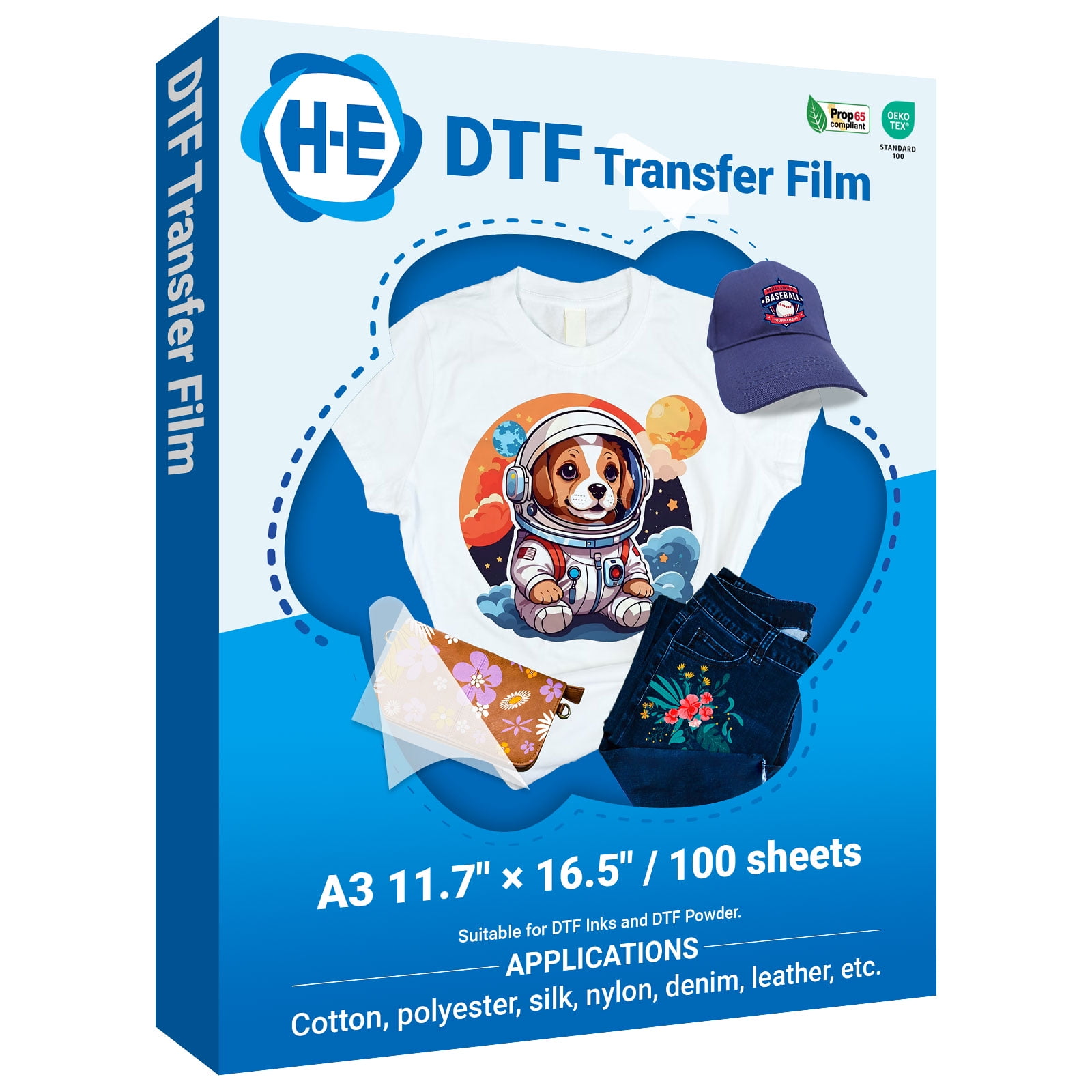 H-E DTF Film Paper A3 11.7" x 16.5" 100 Sheets Heat Transfer Paper for ...