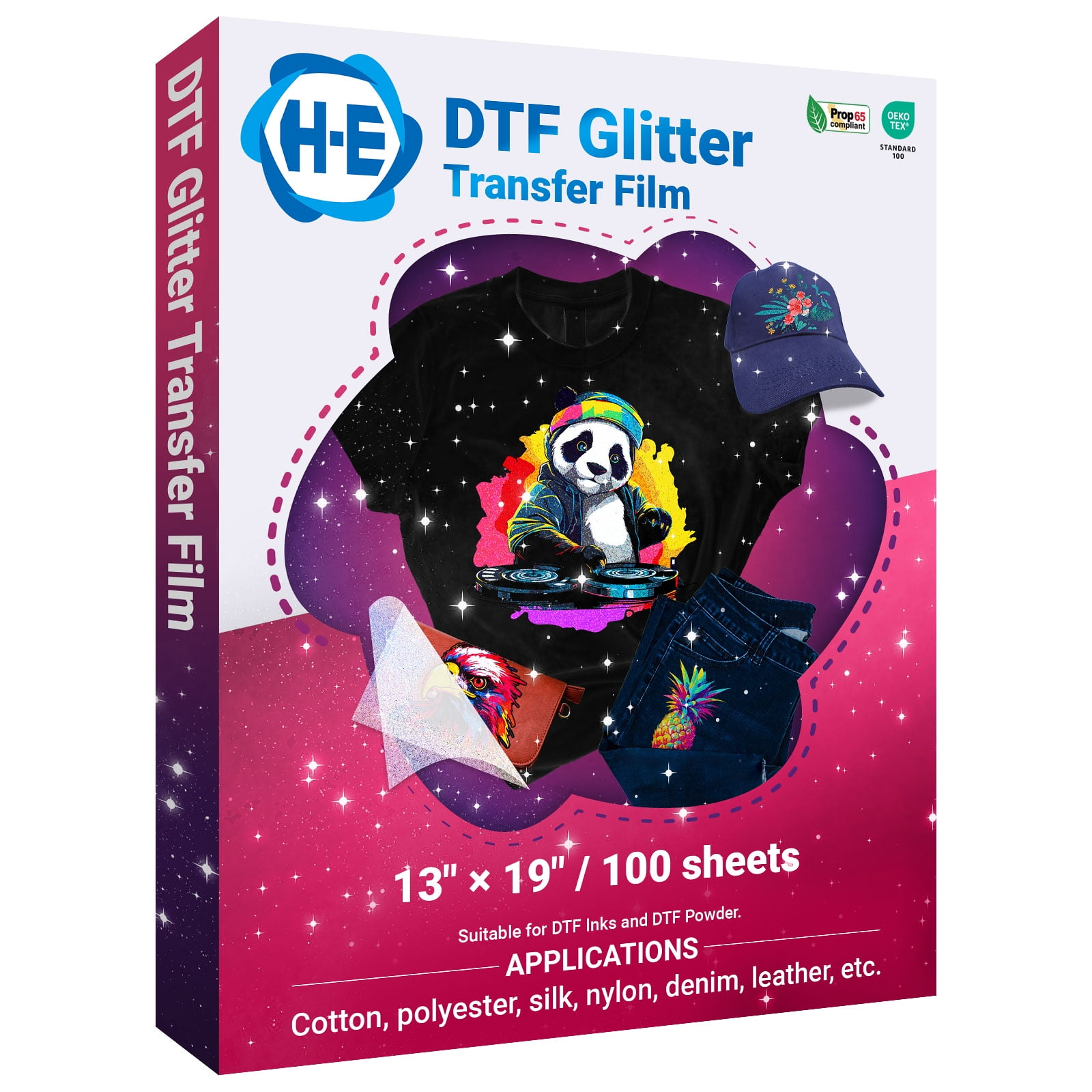 H-E DTF Glitter Transfer Film 13"x19" 100 Sheets DTF PET Transfer Paper Cold Peel Direct to Film ...