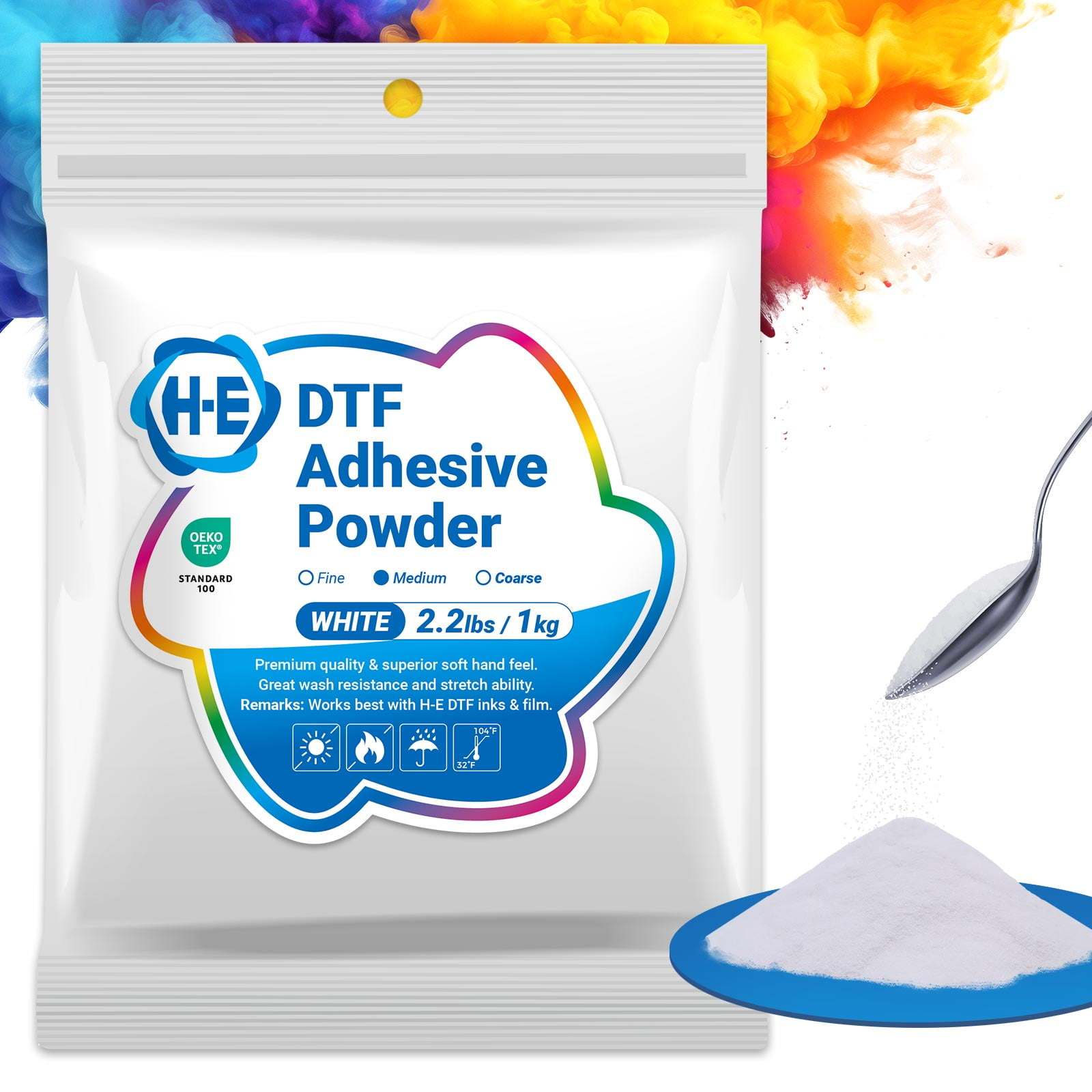 H-E DTF Transfer Powder 2.2Lbs White Hot Melt Adhesive for DTF & DTG Printers, Digital Prints on ...