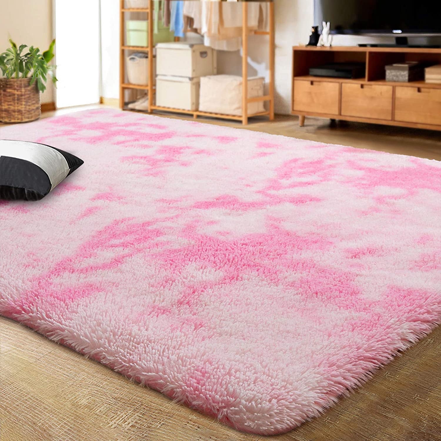 H HOMORE Dyeing Shag Pink Area Rug, 4' x 6', Non-slip Grip Dots Backing ...