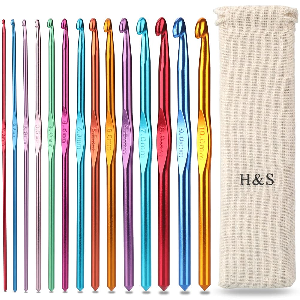 H&S 14pcs Aluminum Crochet Hooks Set, Multiple Sizes, Colorful with ...