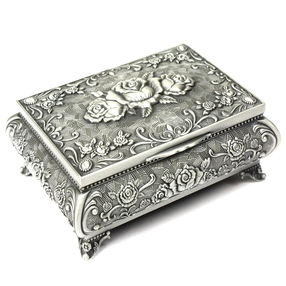 H&S Antique Metal Jewelry Box for Storage - Floral Vintage Jewelry Box ...