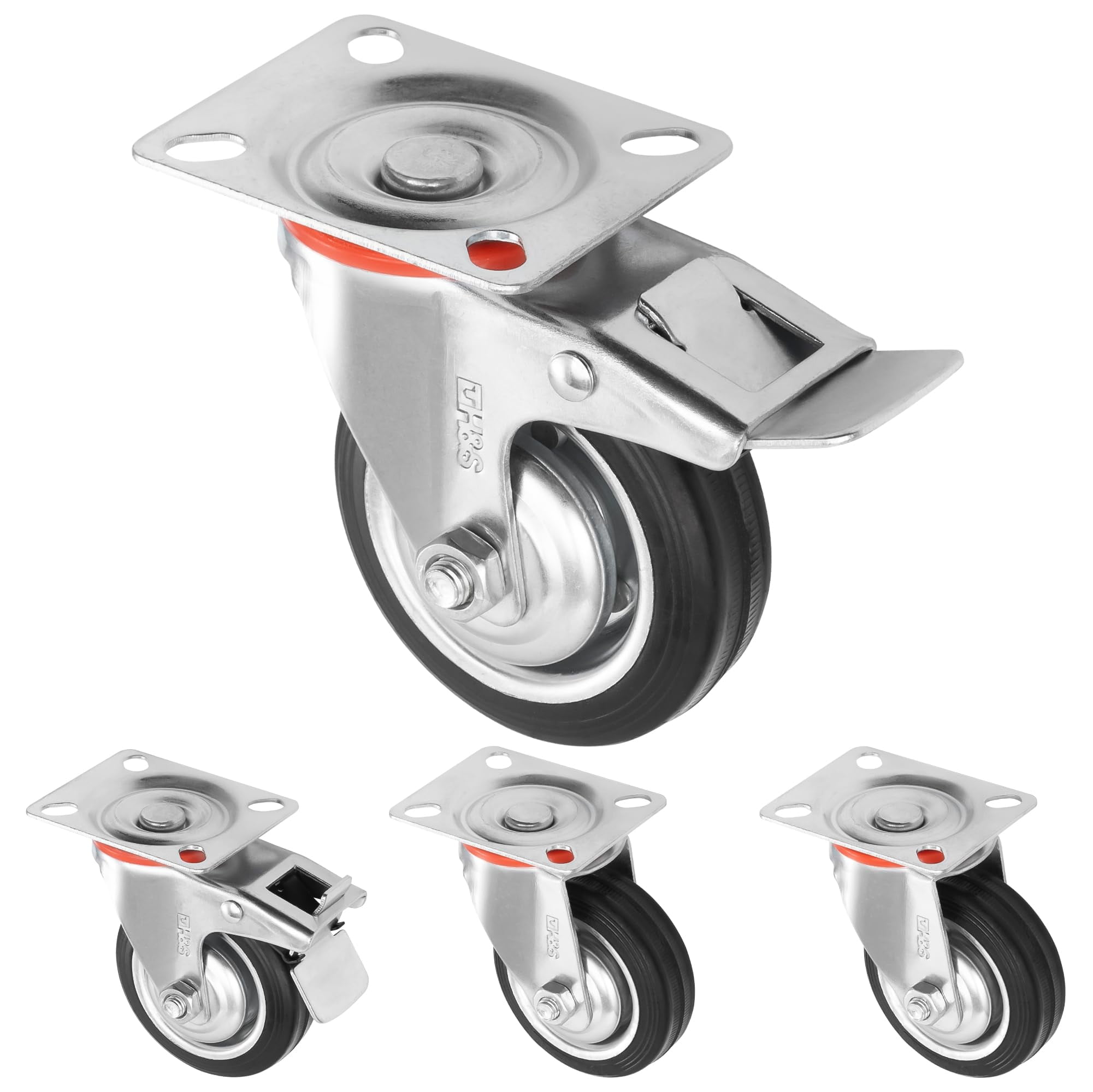 H&S Heavy Duty Castor Wheels - Set of 4 3" (75mm) Castors - Rubber ...