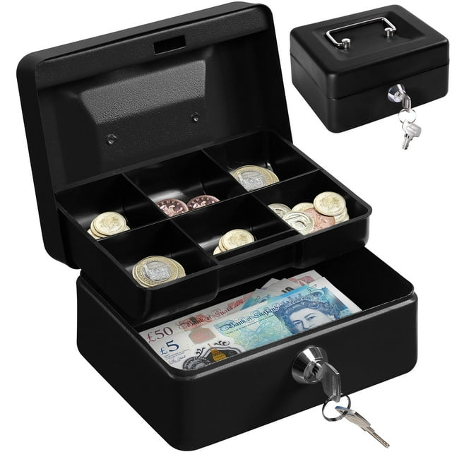 H&S Petty Cash Tin Steel Money Safe Box with Lock 2 Keys - Black ...