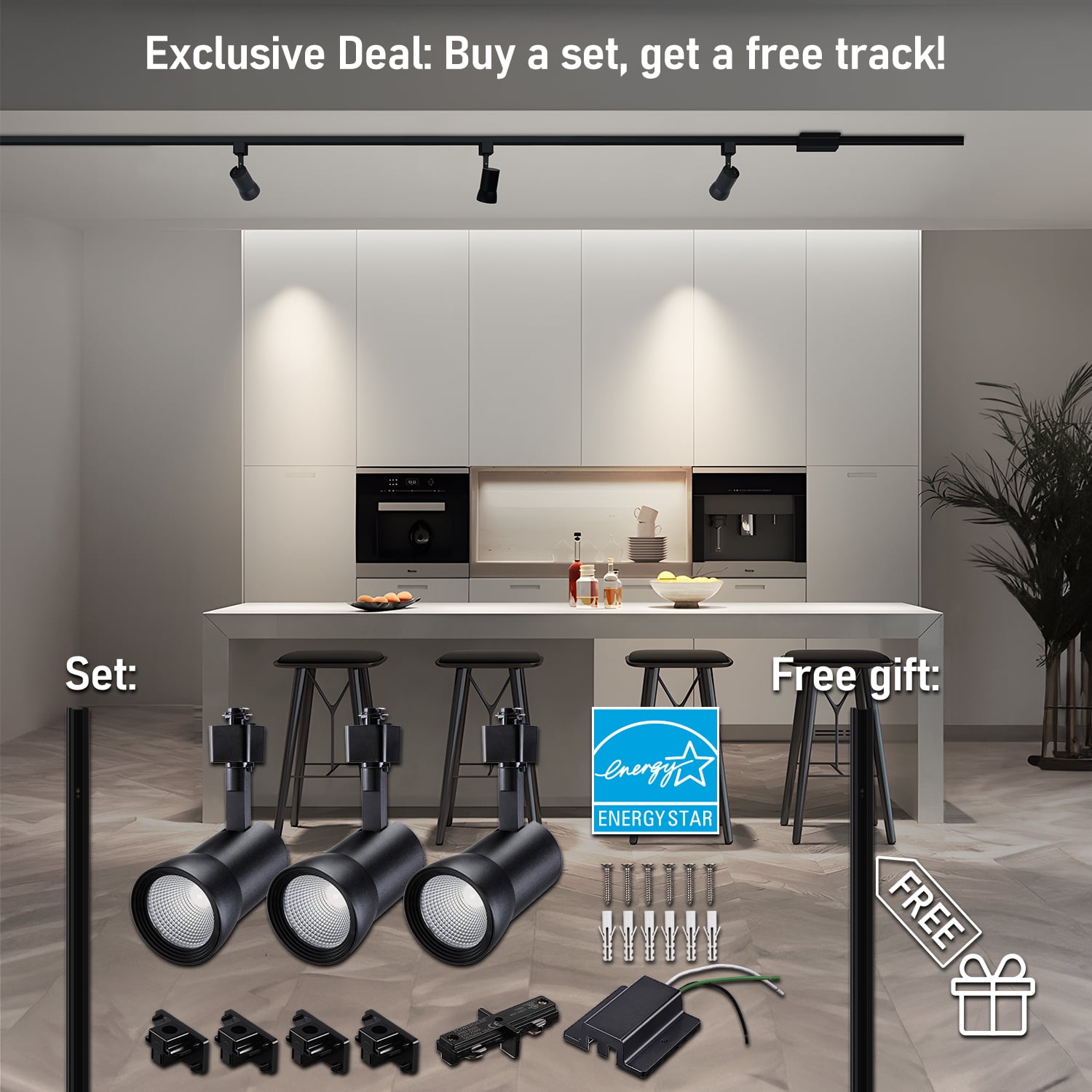 Track Light Kits, Includes 3 x 10W Track Lighting Heads(Cool White) + 2 ...