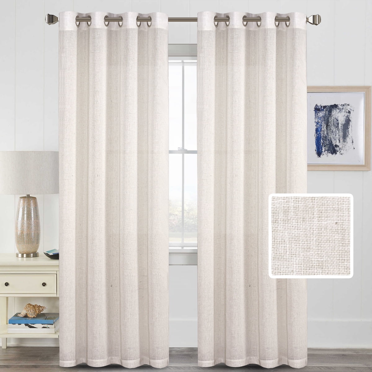 H.VERSAILTEX Thick Flax Linen Curtains Set of 2 Panels - 52" x 96" Semi Sheer Farmhouse Light ...