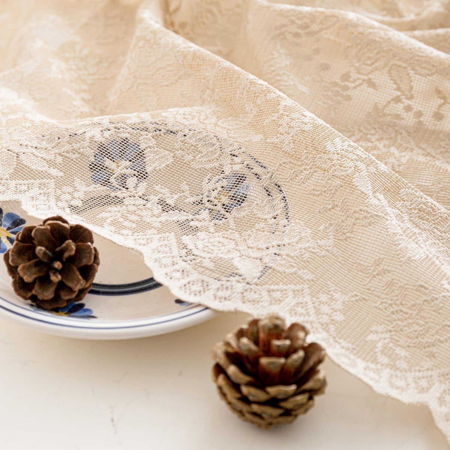 H.ebony Beige Lace Curtains with Vintage Floral Patterns and Scalloped ...