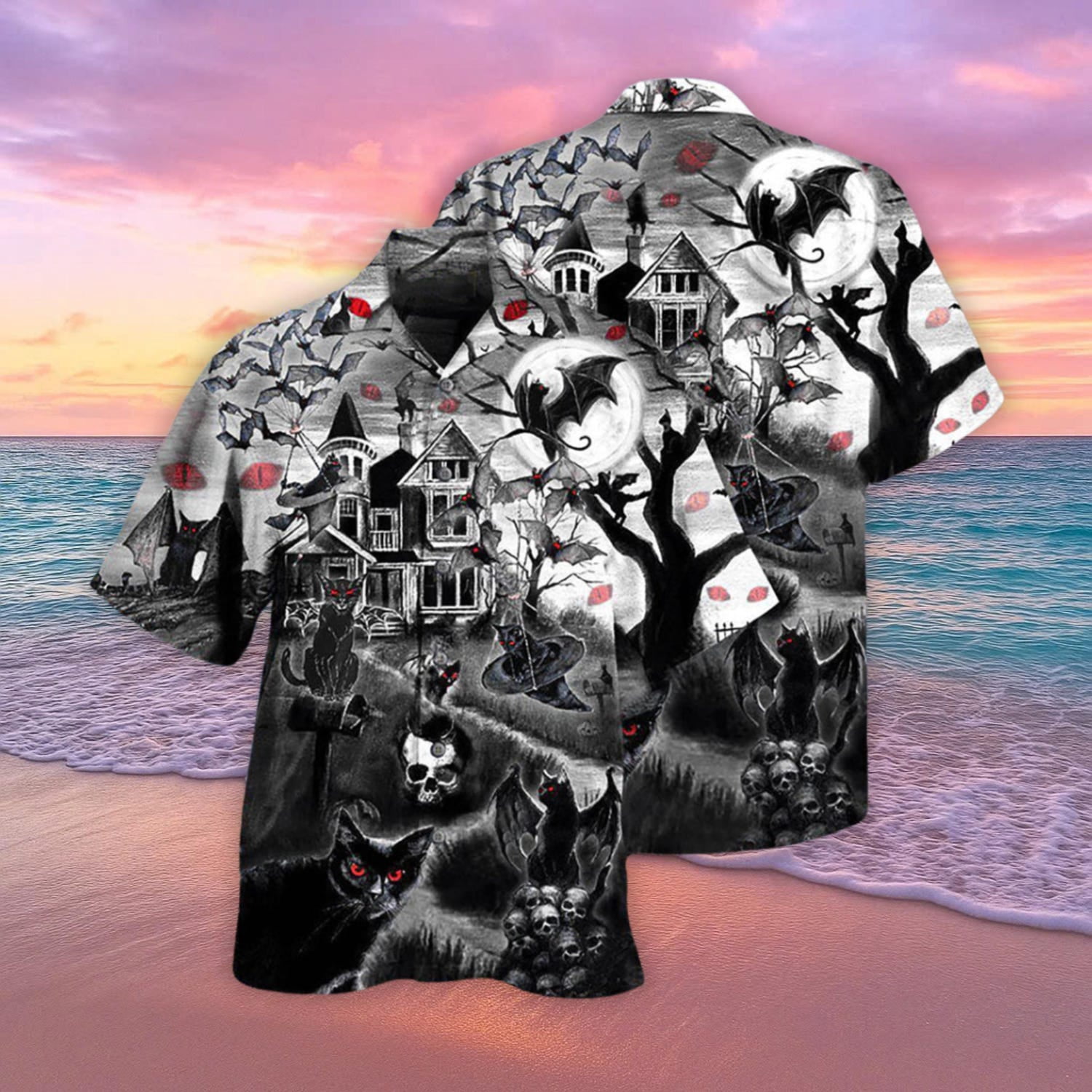 H@ll0w33n Night Hawaiian Shirt, Haunted House Aloha Shirt, Gothic Black ...