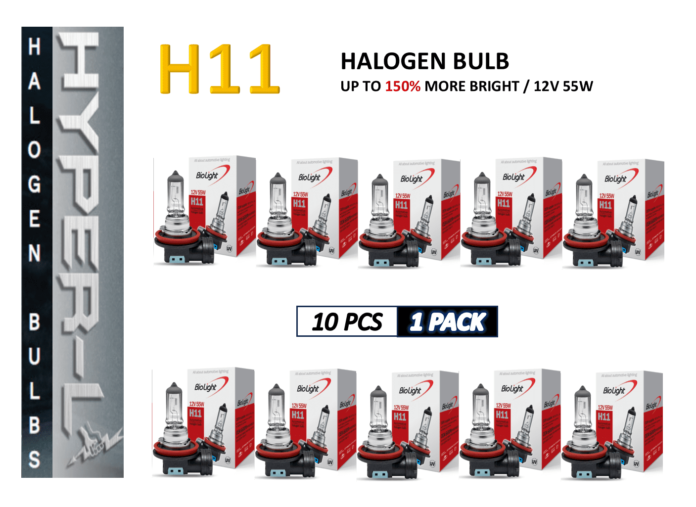 H11 Halogen 12V 55W Super Bright Upgrade Headlight Bulb-150% More Light ...