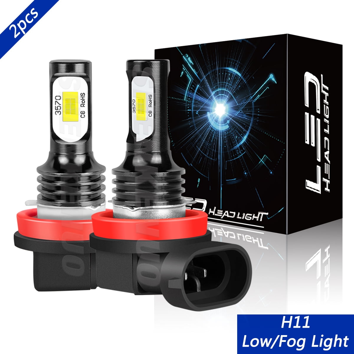 H11 LED Headlight Bulb Low Beam/Fog Light Conversion Kit 2400LM 6000K White Super Bright 2pcs ...