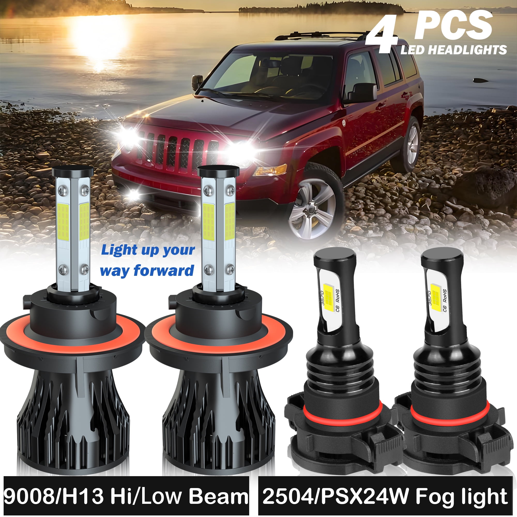 H13 9008 High&Low Beam LED Headlights & PSX24W Fog Lights Bulb Car Kit ...