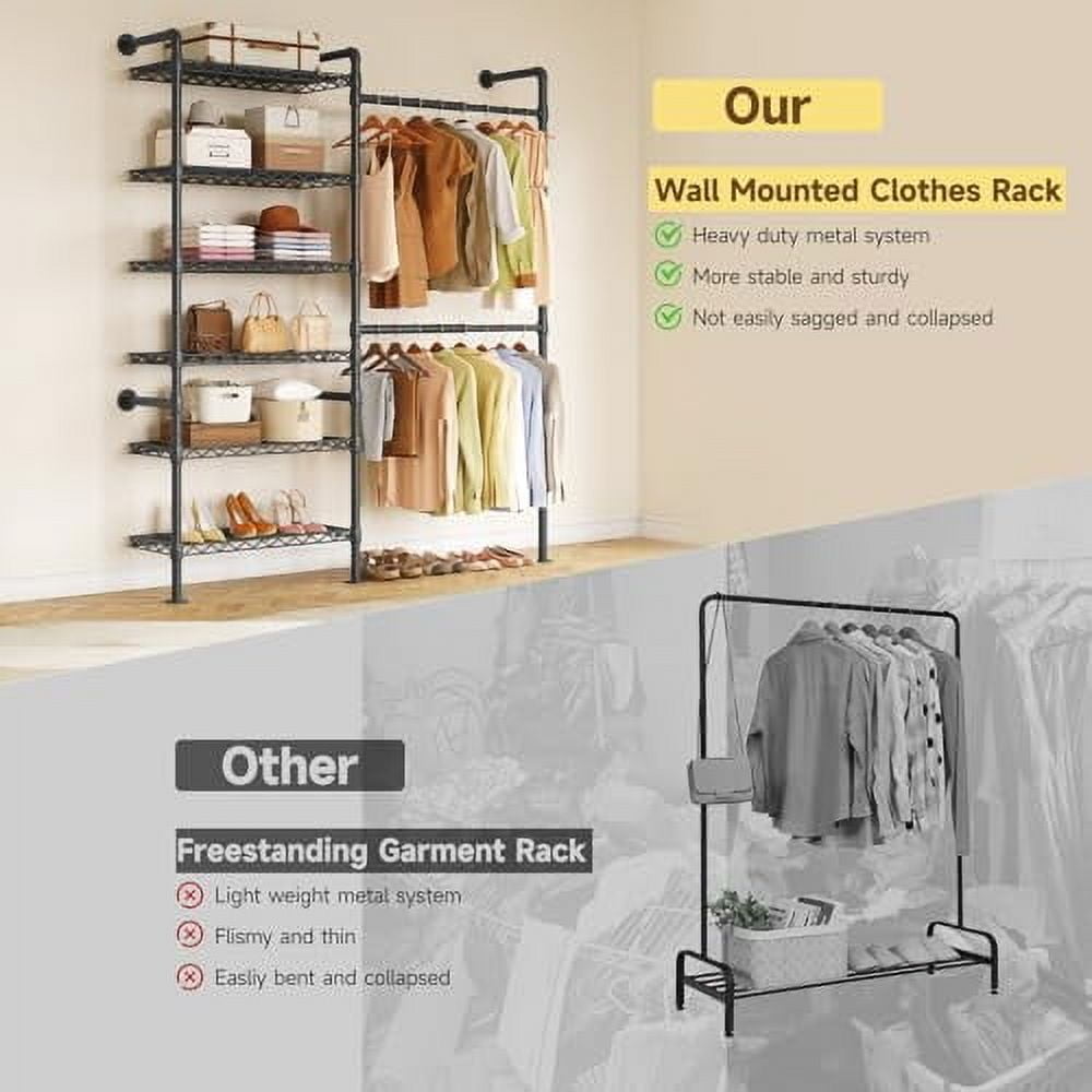 H2 Wall Mounted Clothing Rack, Expandable Industrial Pipe Clothes Rack ...