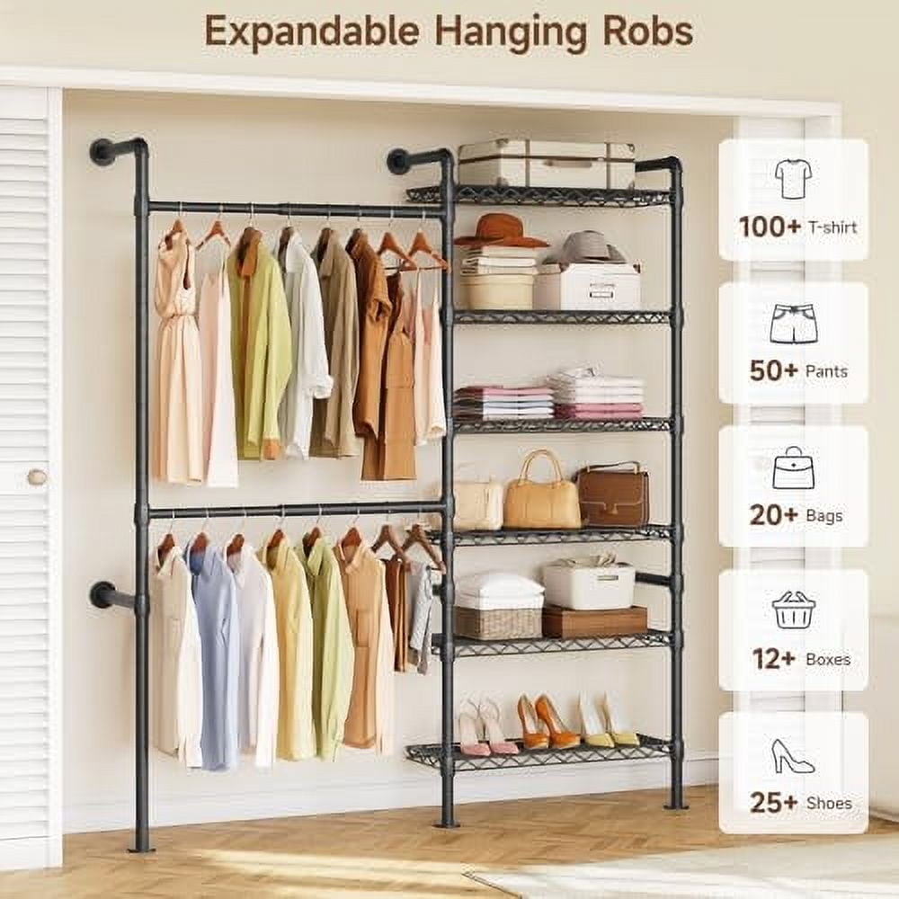 H2 Wall Mounted Clothing Rack, Expandable Industrial Pipe Clothes Rack ...