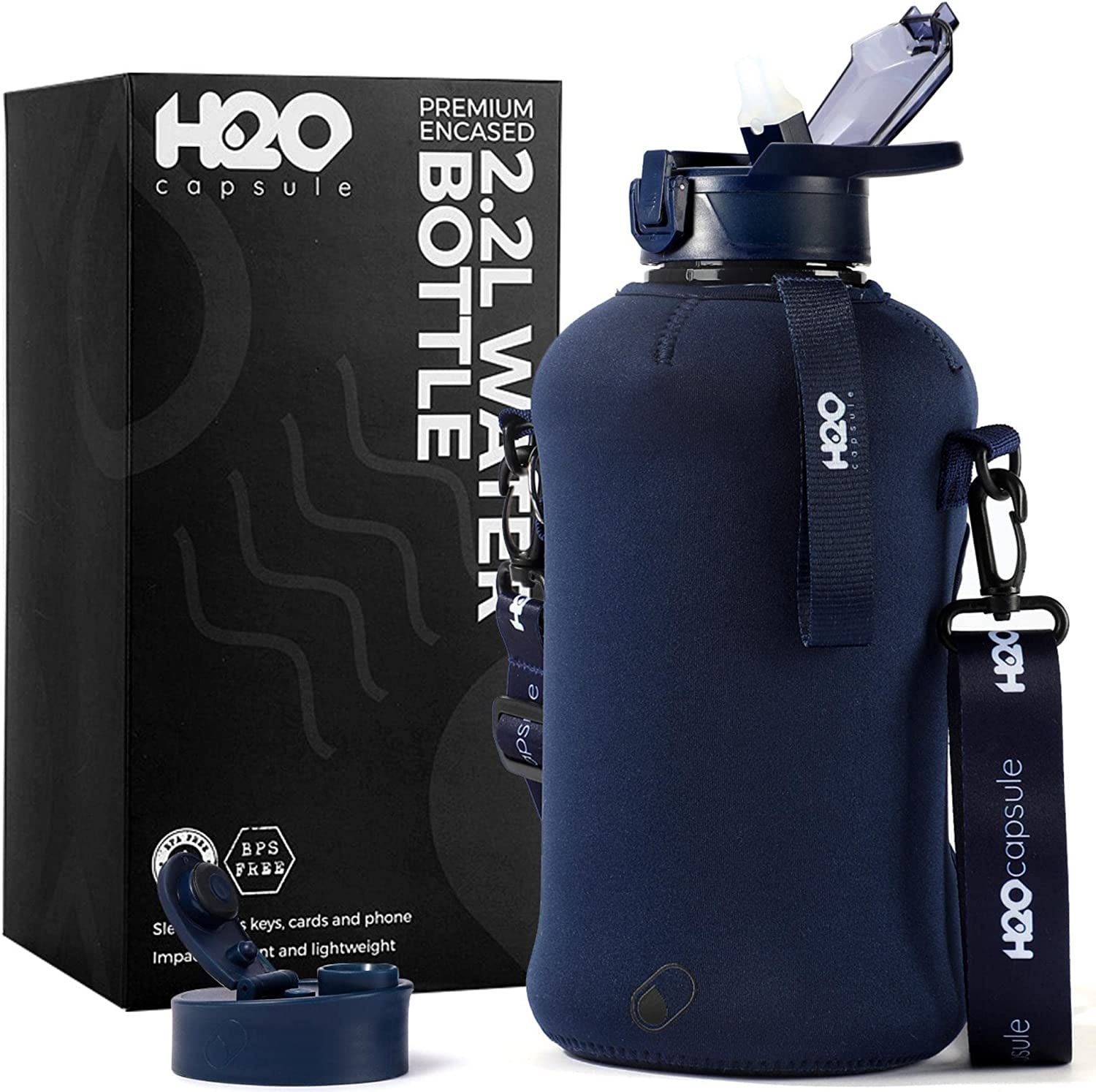 H2O Capsule 2.2L Half Gallon Water Bottle with Storage Sleeve and ...
