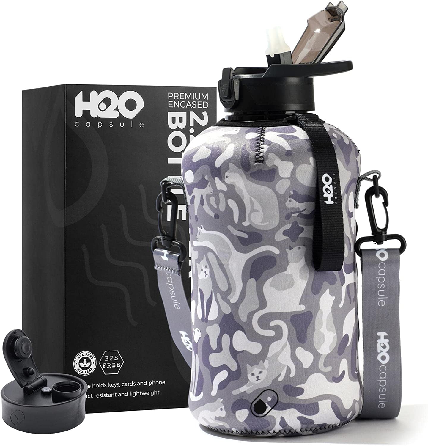 H2O Capsule 2.2L Half Gallon Water Bottle with Storage Sleeve and ...