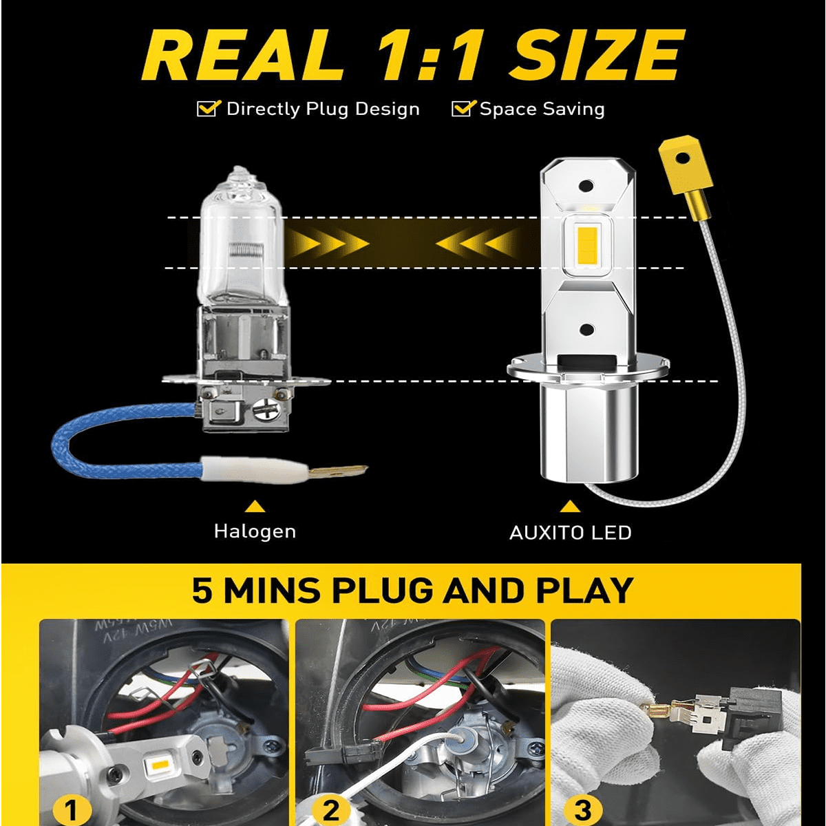 H3 LED Bulb Yellow 3000K 16 000LM 600% Super Brighter 10 Years Lifespan 1:1 Size Plug-n-Play 100 ...