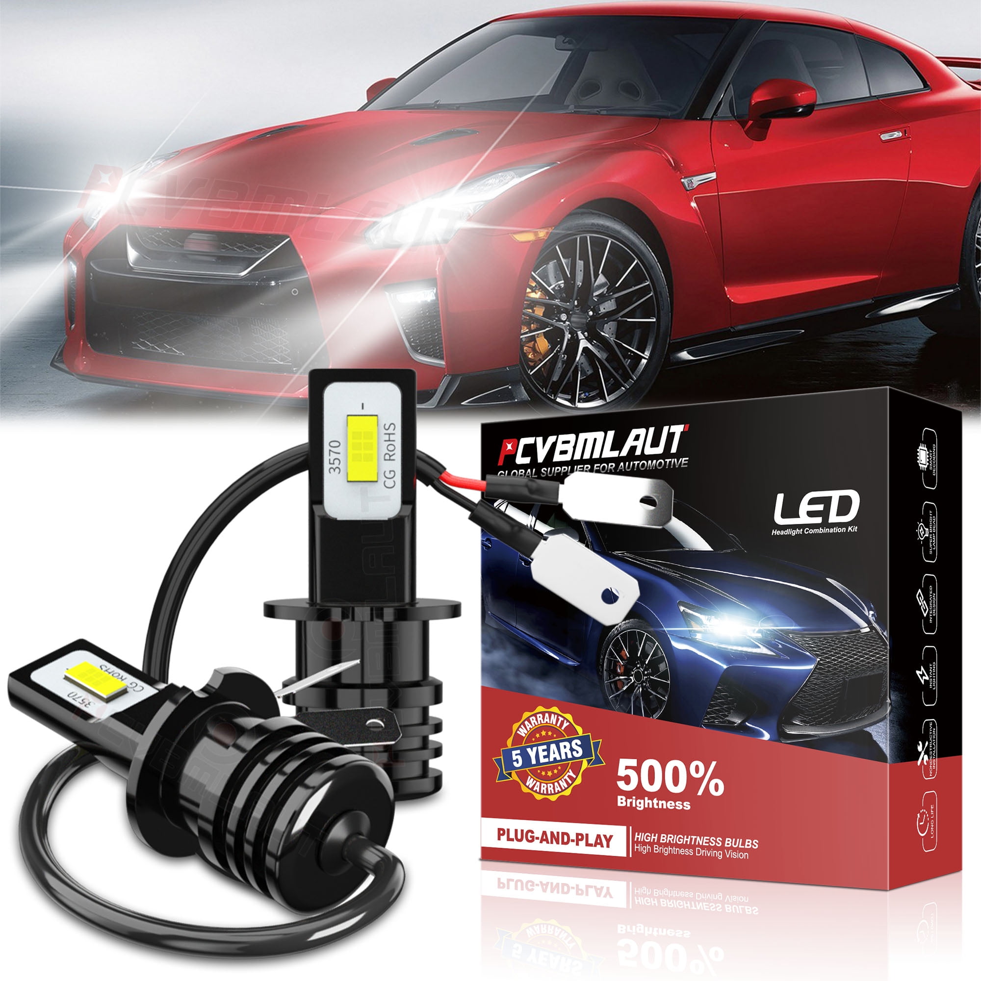 H3 LED Headlight Bulbs, 50W, 8000 Lumens, 6000K White, LED Conversion ...