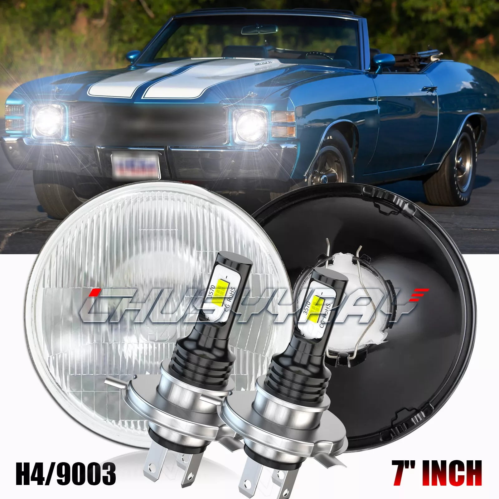 H4 7" inch LED Round Headlight High/Low Beam for 1971-1973 Chevy ...
