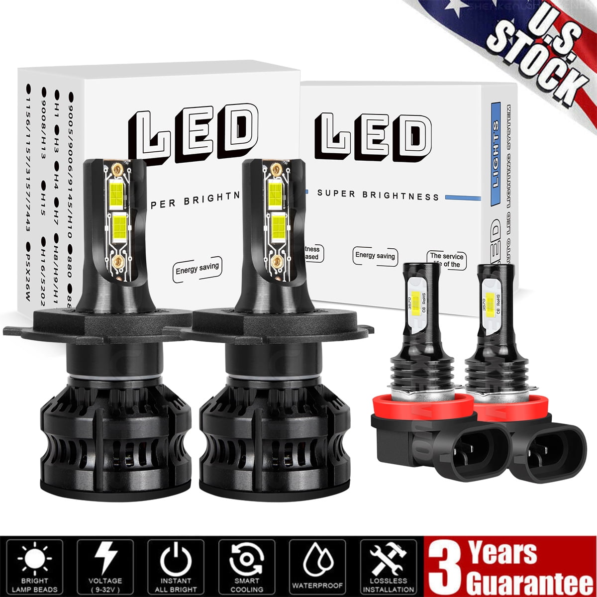 H4/9003 + H11 LED Headlight Bulbs High Low Beam +Fog Lights, 50W 10000LM 6000K Cool White Super ...