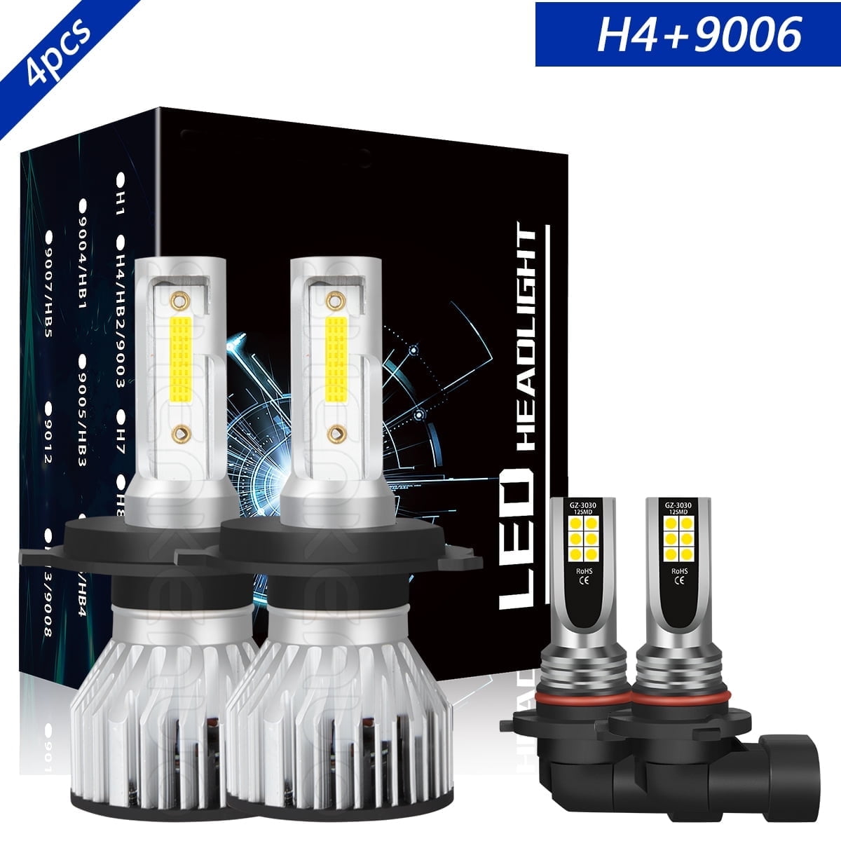 H4/9003/HB2 LED Headlight Bulbs 9006/HB4 LED Fog Light Bulbs Replacement Kit 6000K White 4pcs ...