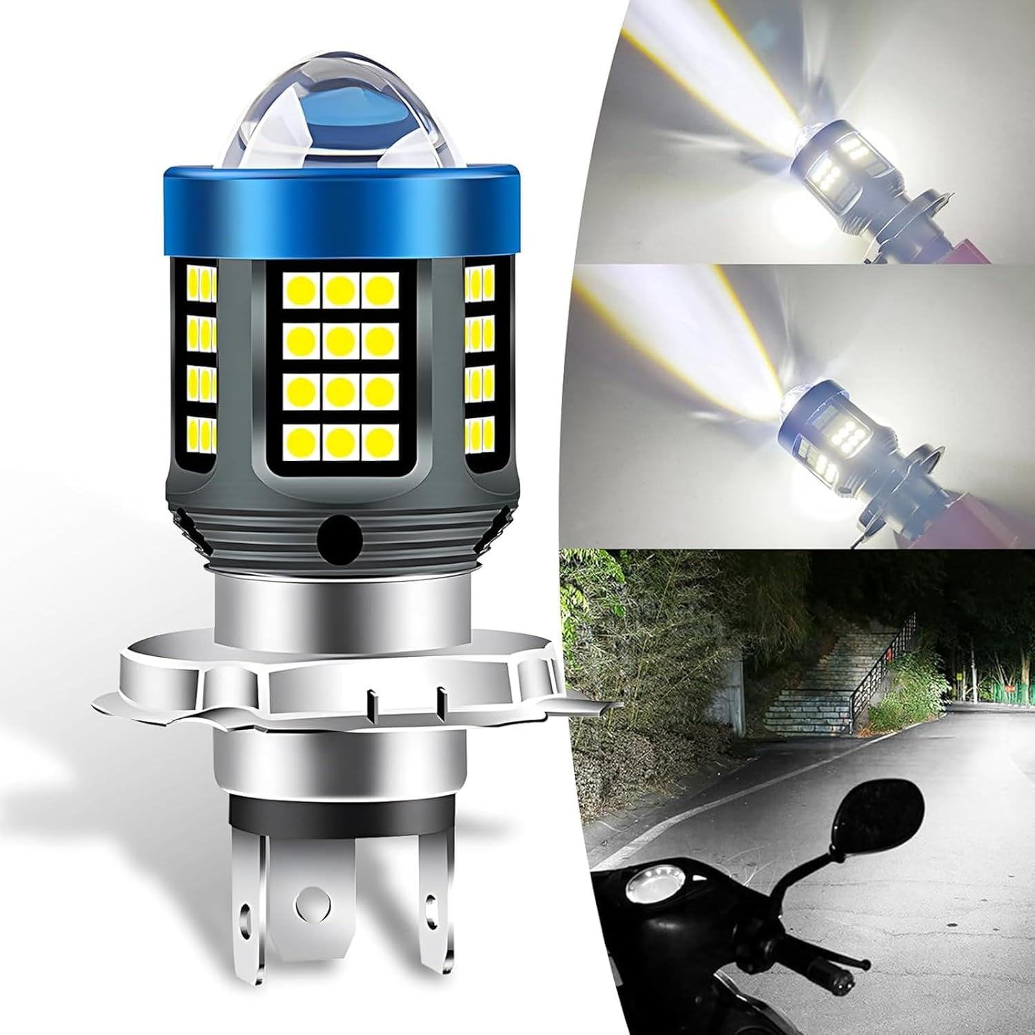 H4 Led Bulb, 1200LM 6000K 3030 Chips Hi/Low Beam H4 Bulb with Lens ...