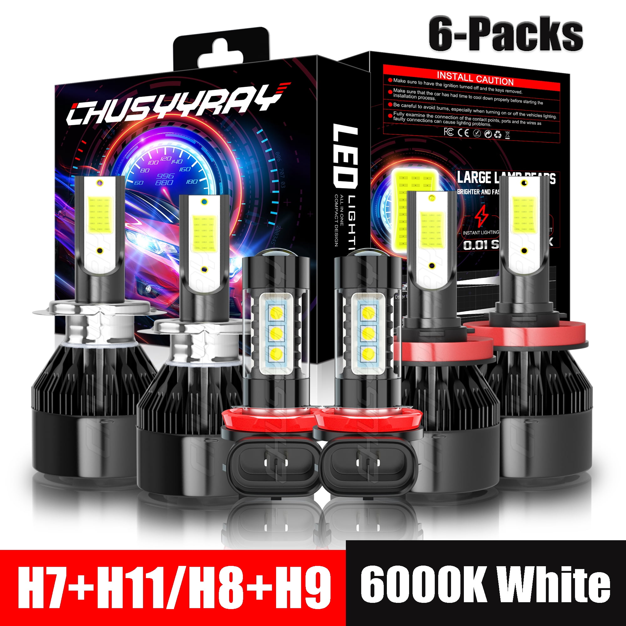 H7 H11 H8/H9 LED Headlight Bulbs Kit High Low Beam + Fog Lights 6000K White Pack of 6 - Walmart.com